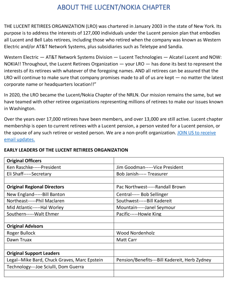 NRLN Lucent/Nokia Retirees Chapter – National Retiree Legislative Network